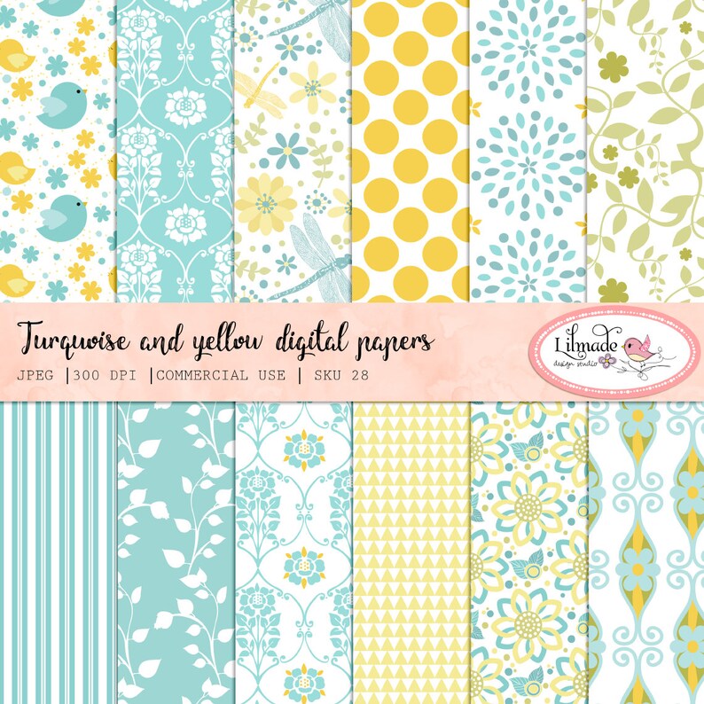 Turquoise and Yellow Digital Papers Featuring Floral and Geometric ...