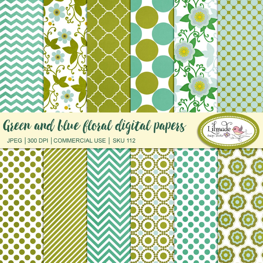 Green and Blue Floral Digital Paper, Quatrefoil, Large Polka Dot, Retro ...