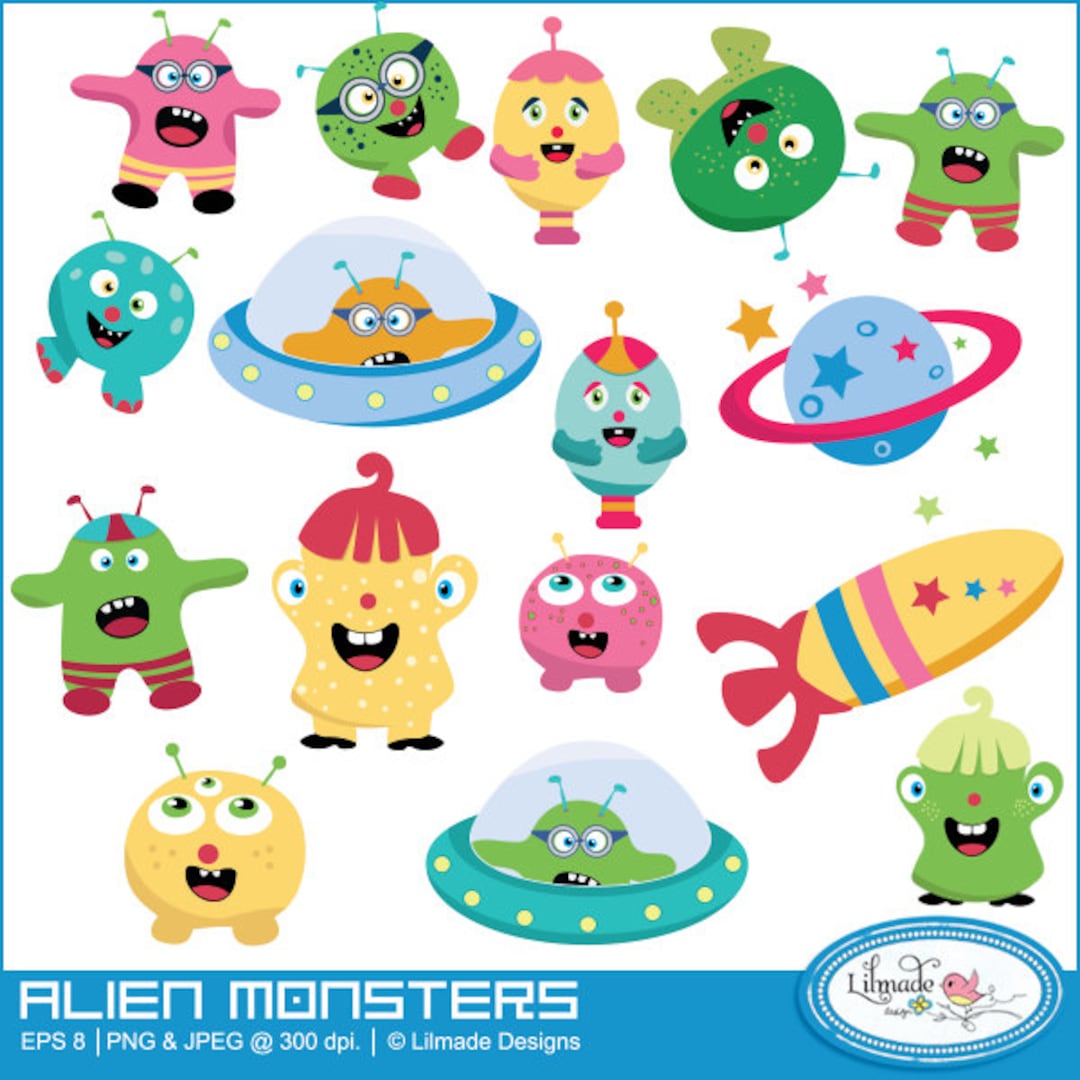 Funny Alien Monsters Clipart, Space Rocket UFO Graphics (eps, Png, Jpeg ...