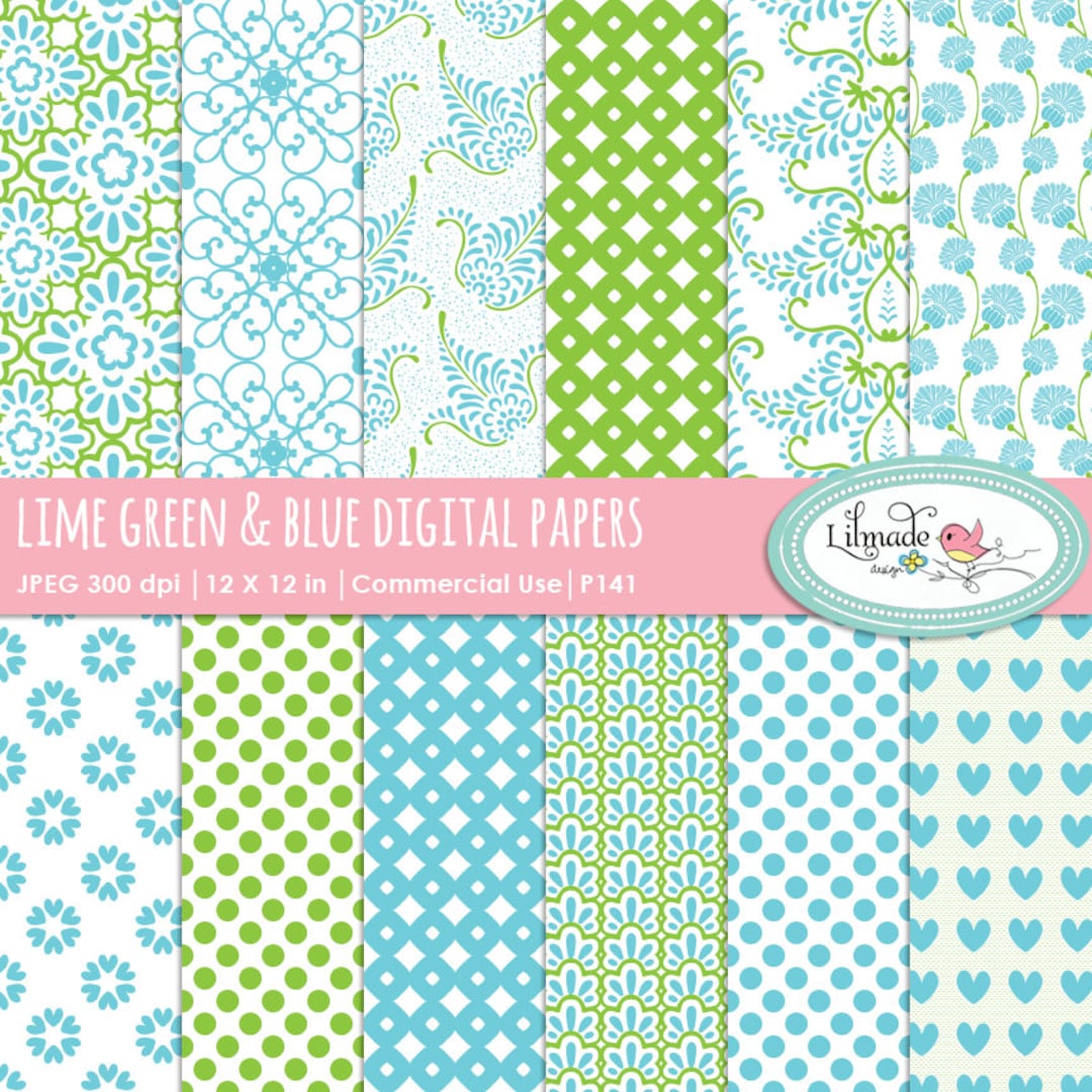 Digital Paper, Lime Green and Blue Digital Paper, Scrapbook Paper ...