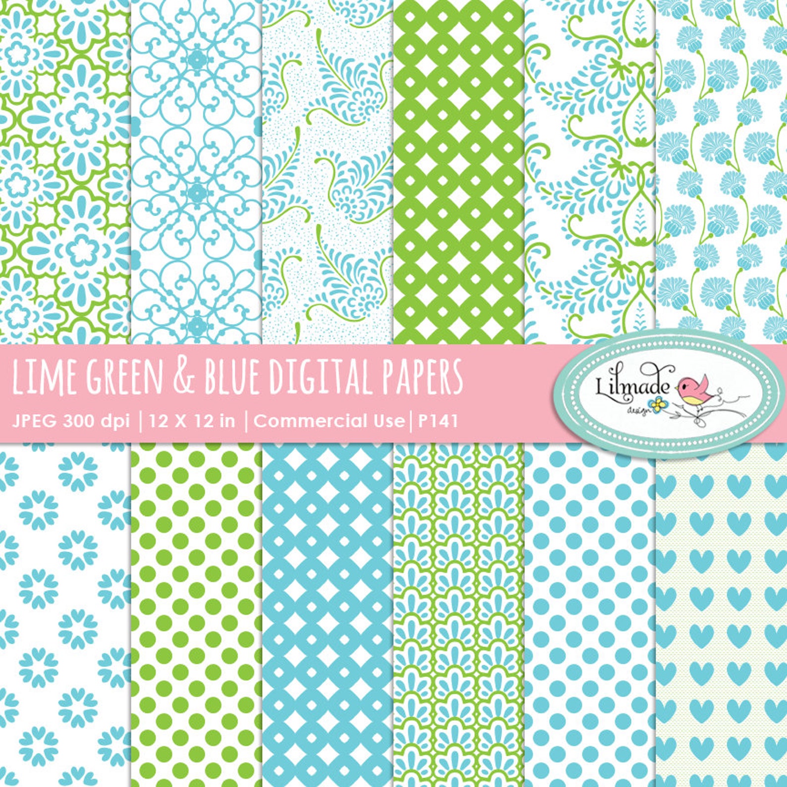 Digital Paper, Lime Green and Blue Digital Paper, Scrapbook Paper ...
