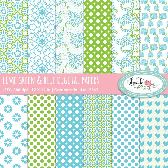 Digital paper, lime green and blue digital paper, scrapbook paper ...