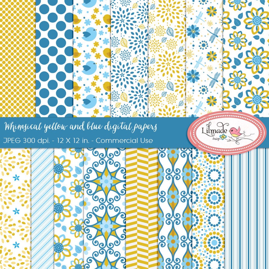 Whimsical digital paper in blue and yellow featuring birds | Etsy