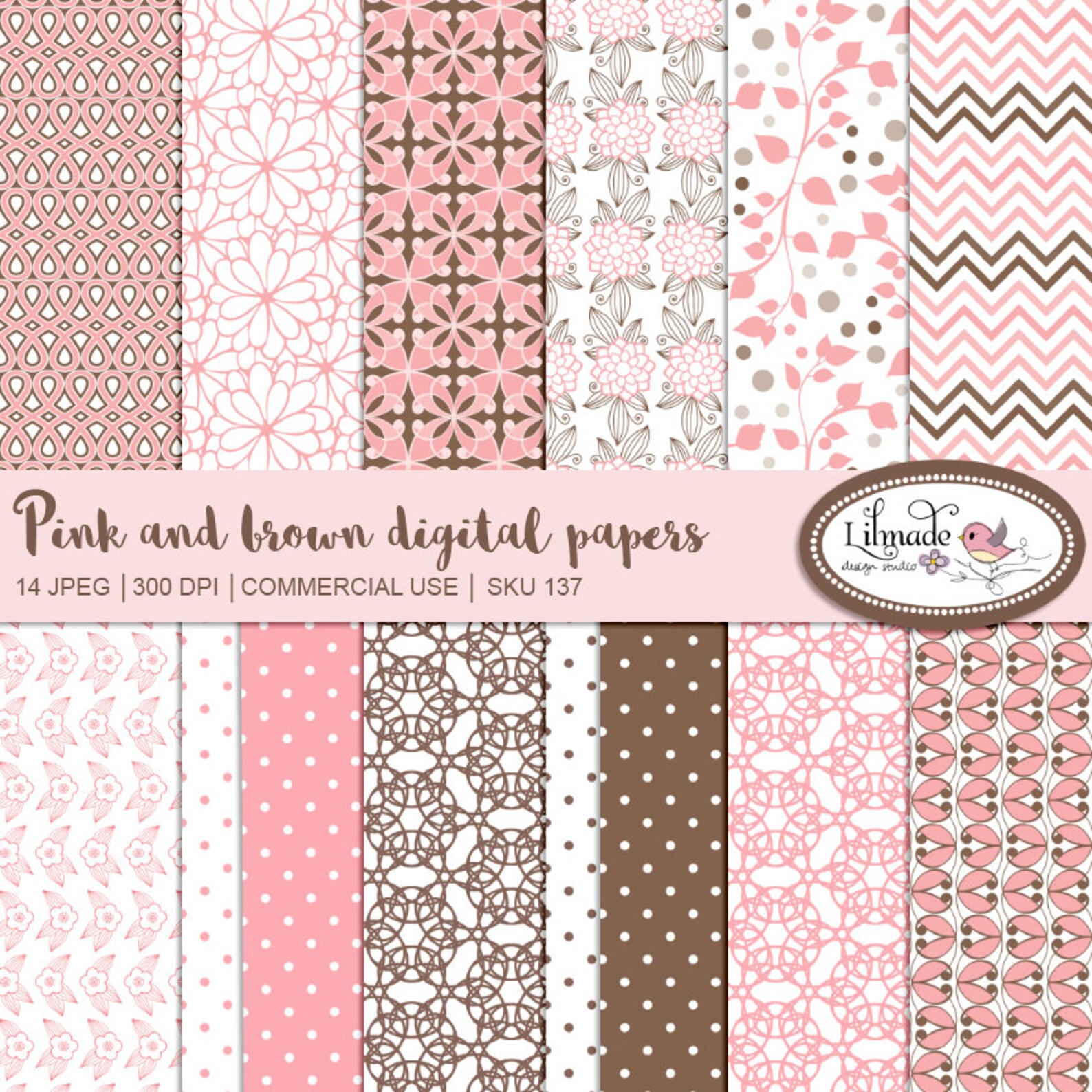 Pink and Brown Digital Paper Featuring Floral and Geometric Patterns ...