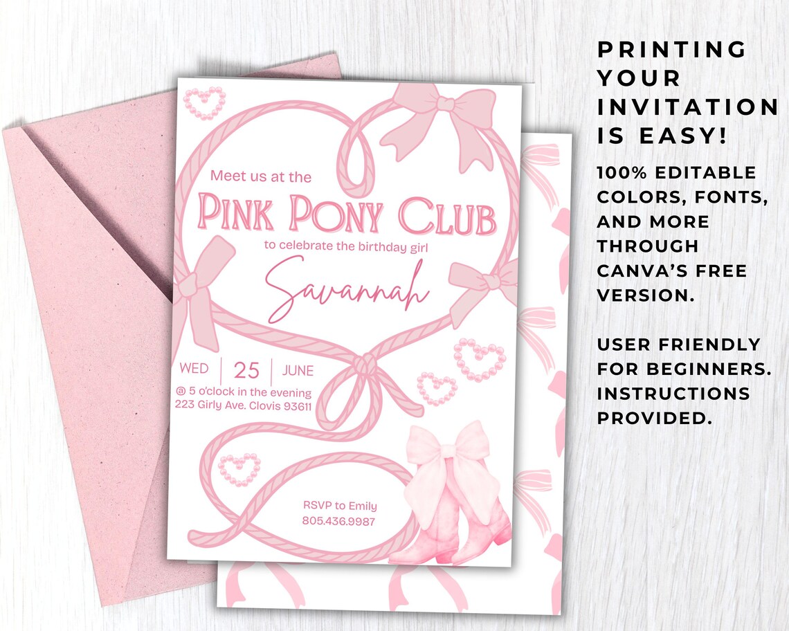 Pink Pony Club Birthday Invitation Template, Cute Horse Birthday ...