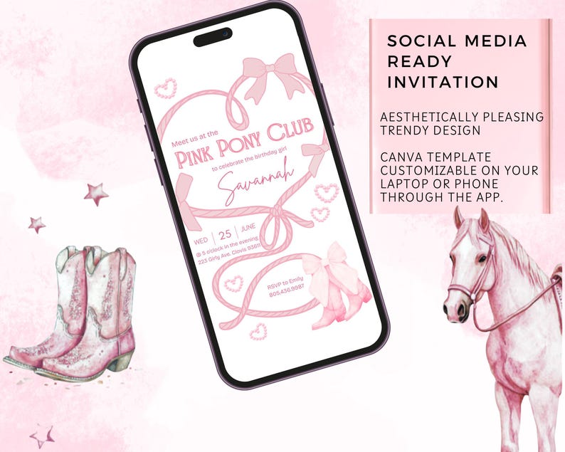 Pink Pony Club Birthday Invitation Template, Cute Horse Birthday ...
