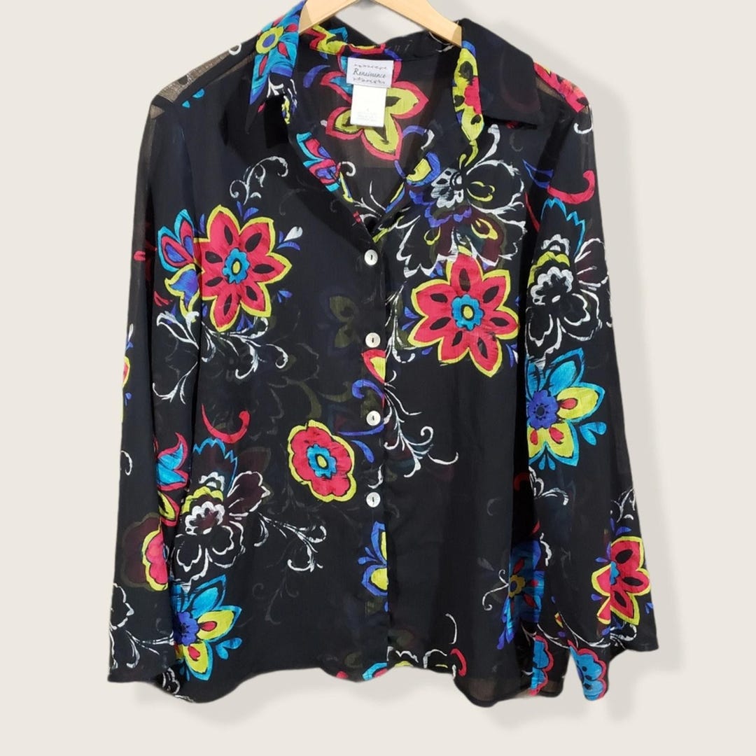 Renaissance Semi Sheer Colorful Large Floral Print Button up Blouse ...