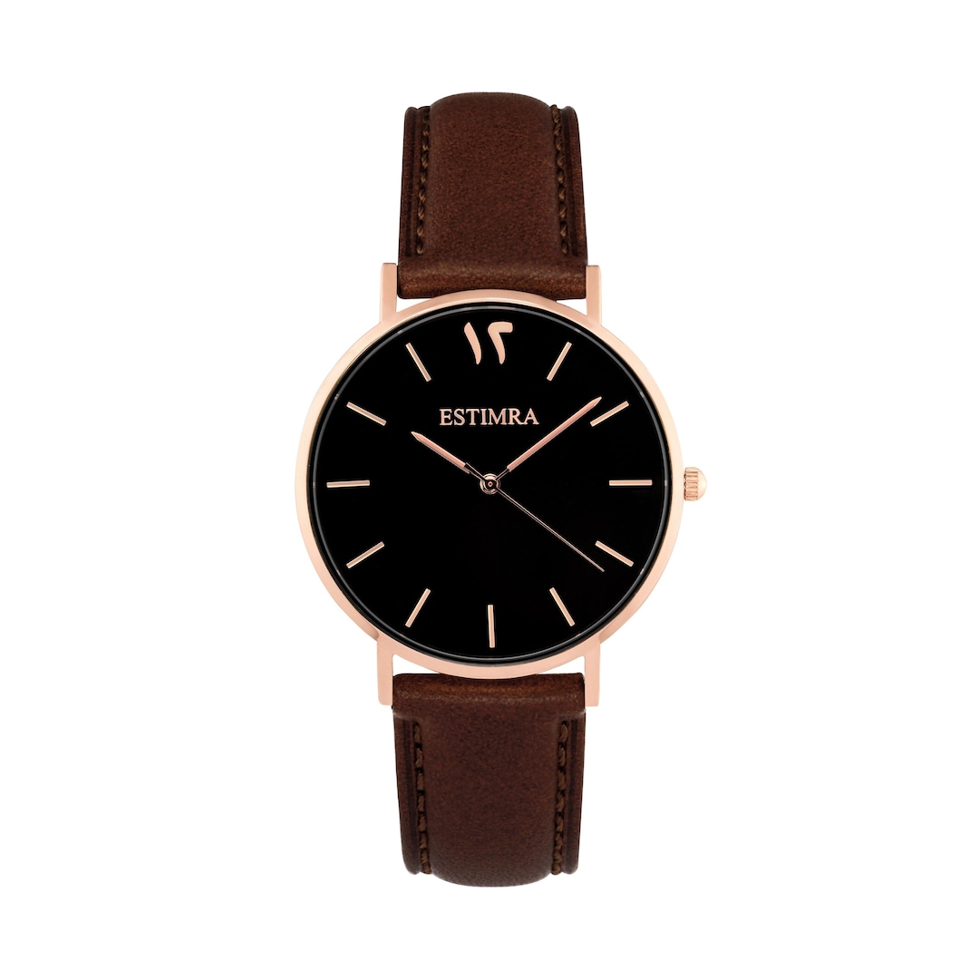 Rose Gold and Black Arabic Watch Brown Leather Elegant Arabic Numerals ...