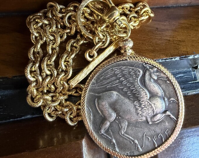 Pegasus and Greek Figure Reversible Coin Necklace Gold Chain Toggle ...