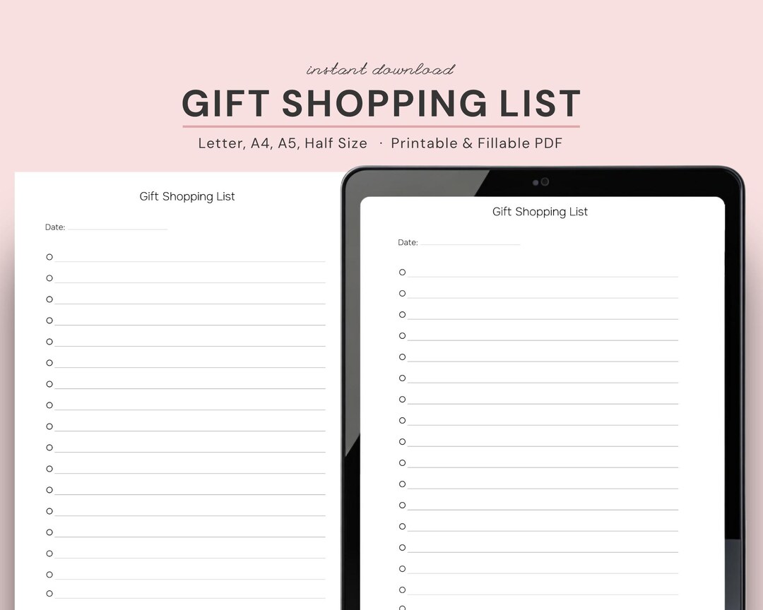 Gift Shopping List, Printable Gift Shopping List, Printable PDF A4 ...