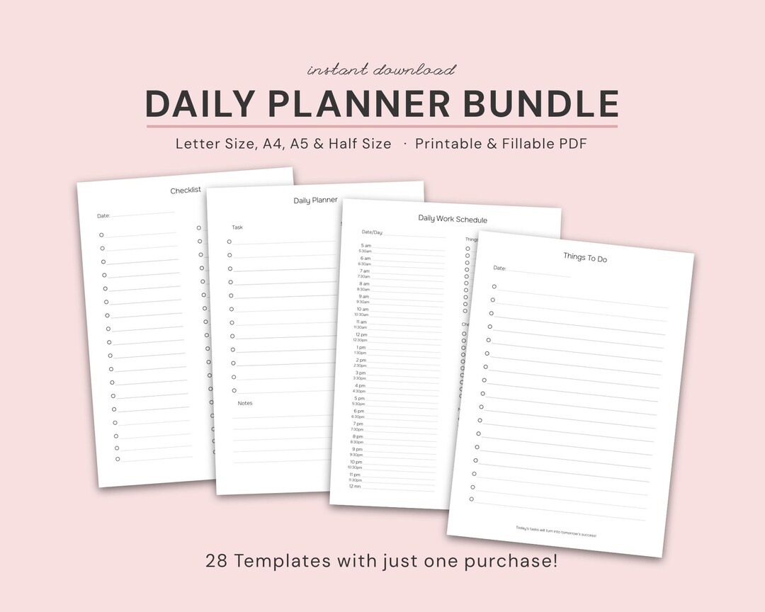 Daily Planner Template Bundle, Printable & Fillable PDF, Minimalist to ...