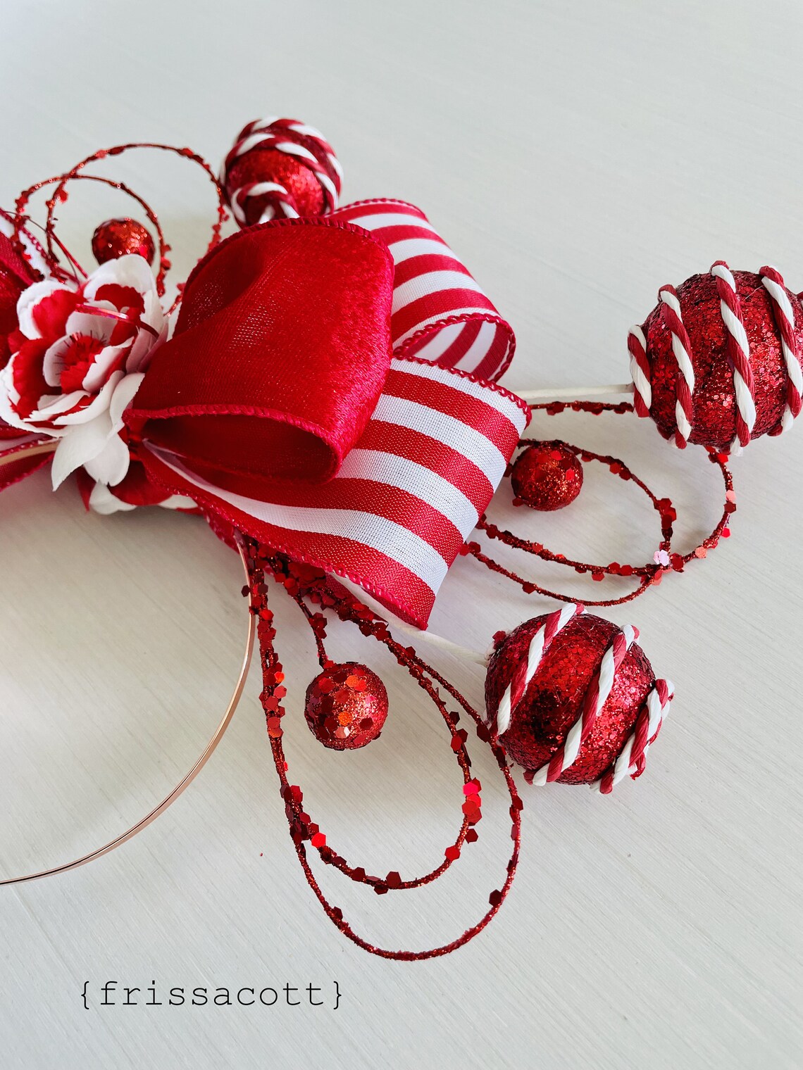 Holiday Headband | Large Candy Cane Bow | Red + White Ornaments | Santa ...