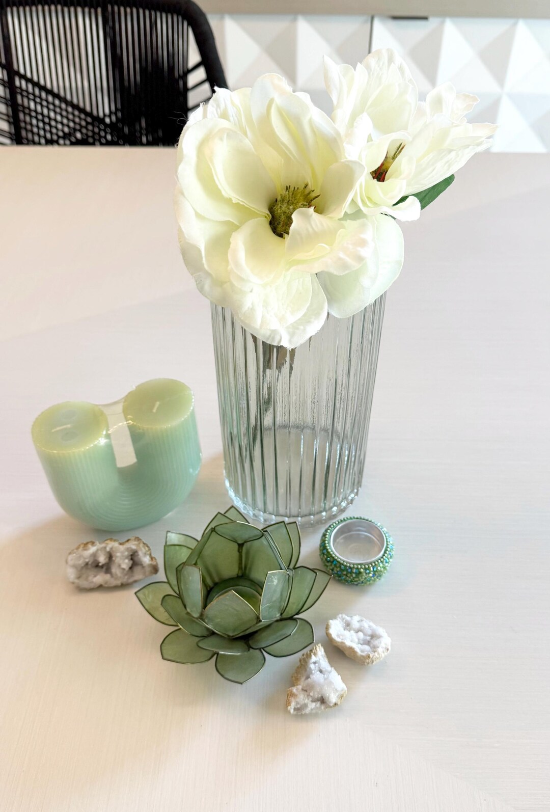 Sage Green Ribbed Glass Vase | Lime U Shaped Candle | Lotus Flower ...