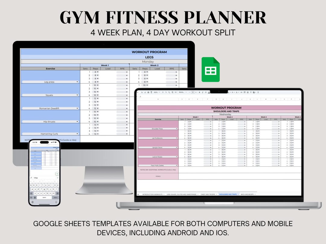 4 Day Workout Tracker, Workout Planner Spreadsheet, Google Sheets ...