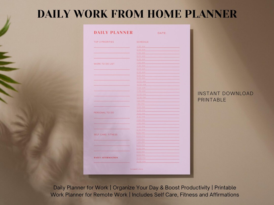 Daily Work From Home Planner, Printable Planner, Personal Daily Planner ...