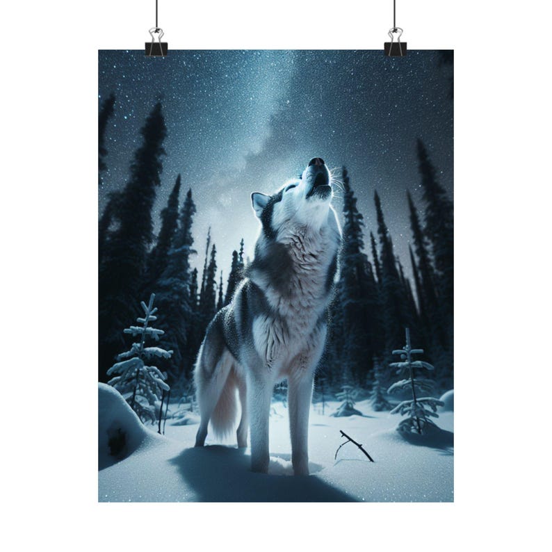 Satin Poster, Siberian Husky Howling Moonlight Wall Art Print, Home ...