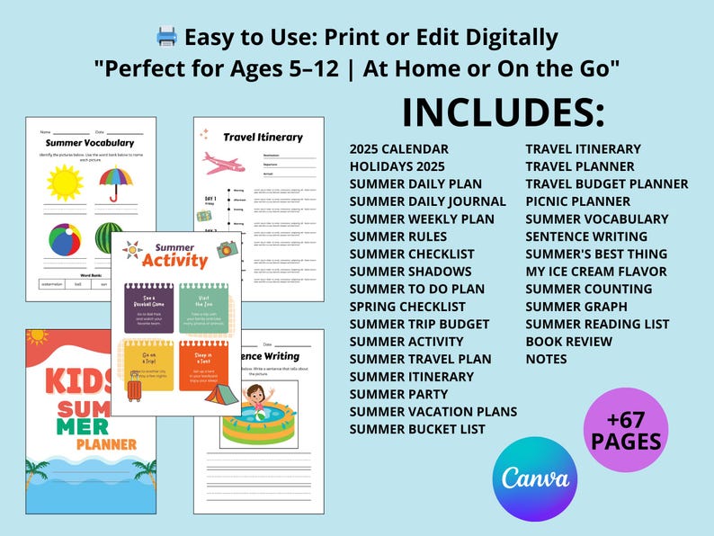 Editable Kids Summer Planner 2025 Printable | Summer Activity Bundle ...