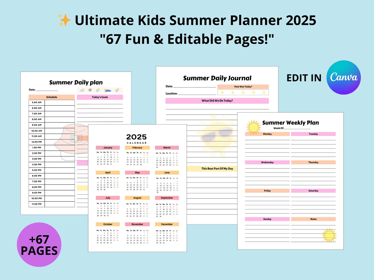 Editable Kids Summer Planner 2025 Printable | Summer Activity Bundle ...