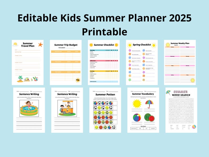 Editable Kids Summer Planner 2025 Printable | Summer Activity Bundle ...