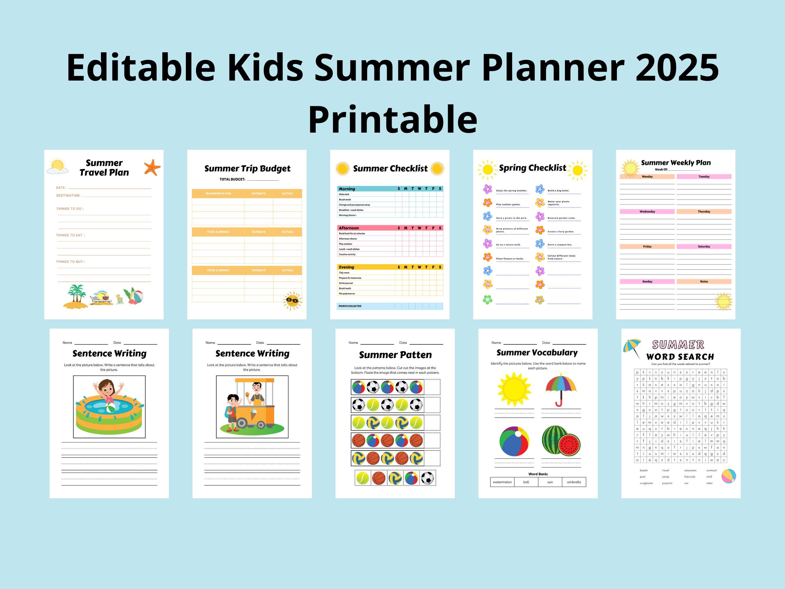 Editable Kids Summer Planner 2025 Printable | Summer Activity Bundle ...