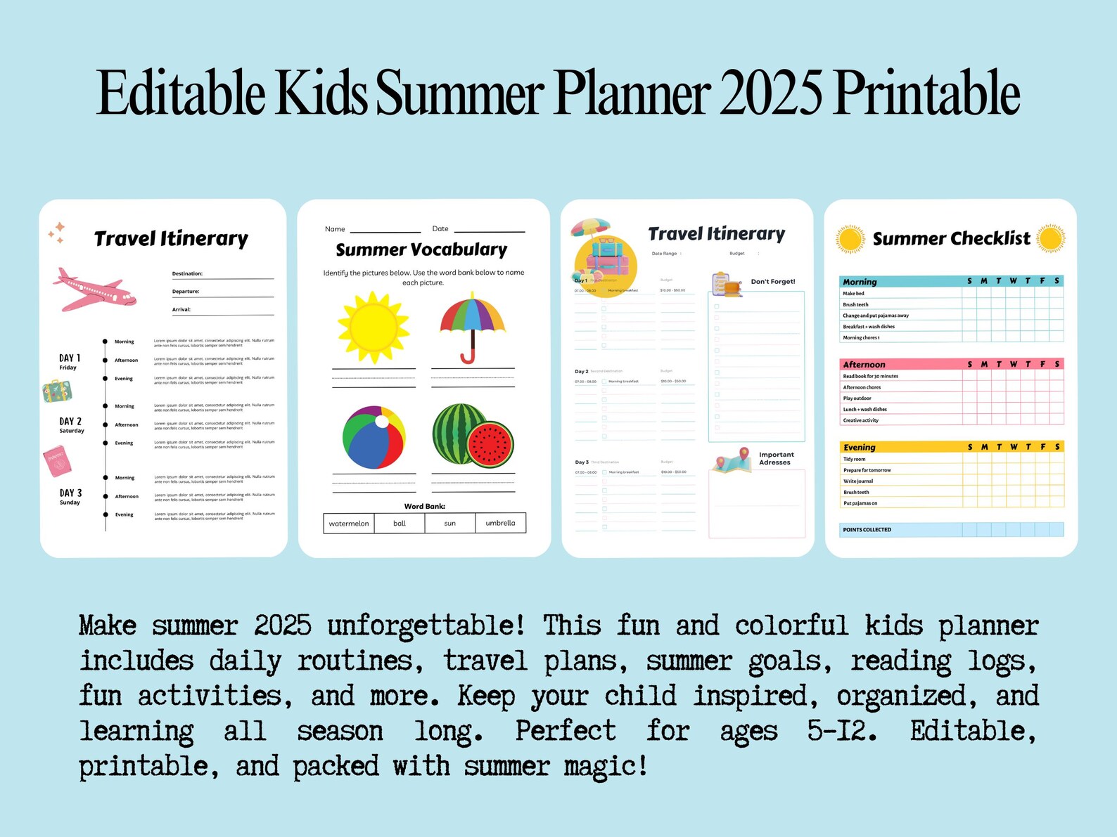 Editable Kids Summer Planner 2025 Printable | Summer Activity Bundle ...