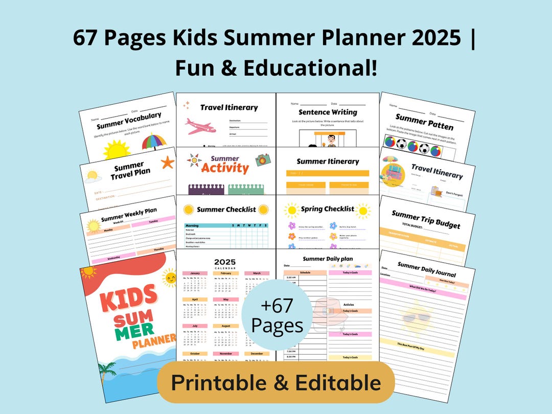 Editable Kids Summer Planner 2025 Printable | Summer Activity Bundle ...
