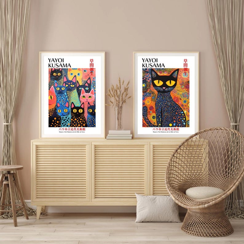 Yayoi Kusama Art Print | Japanese Cat Abstract Poster | Modern Japandi ...