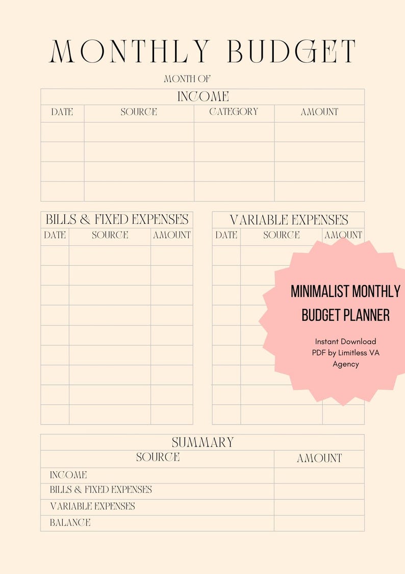 Minimalist Monthly Budget Planner 1-page Budget Sheet With Income ...