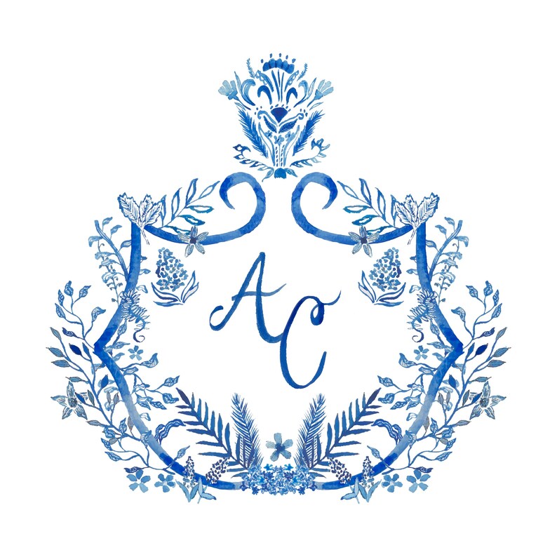 Blue and White Watercolor Wedding Crest – Custom Initials - Etsy