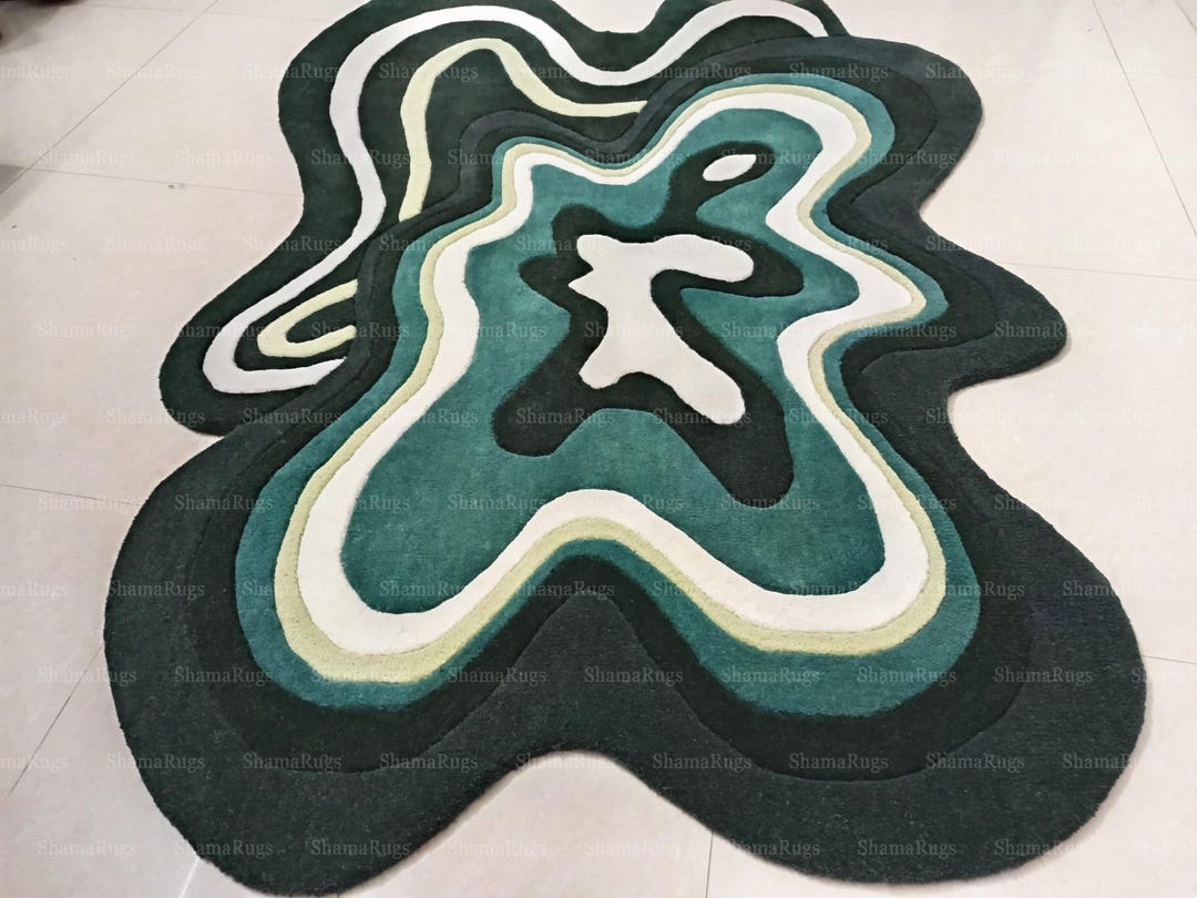 Abstract Green Layered Rug - Modern Irregular Shape, Unique Accent Rug ...