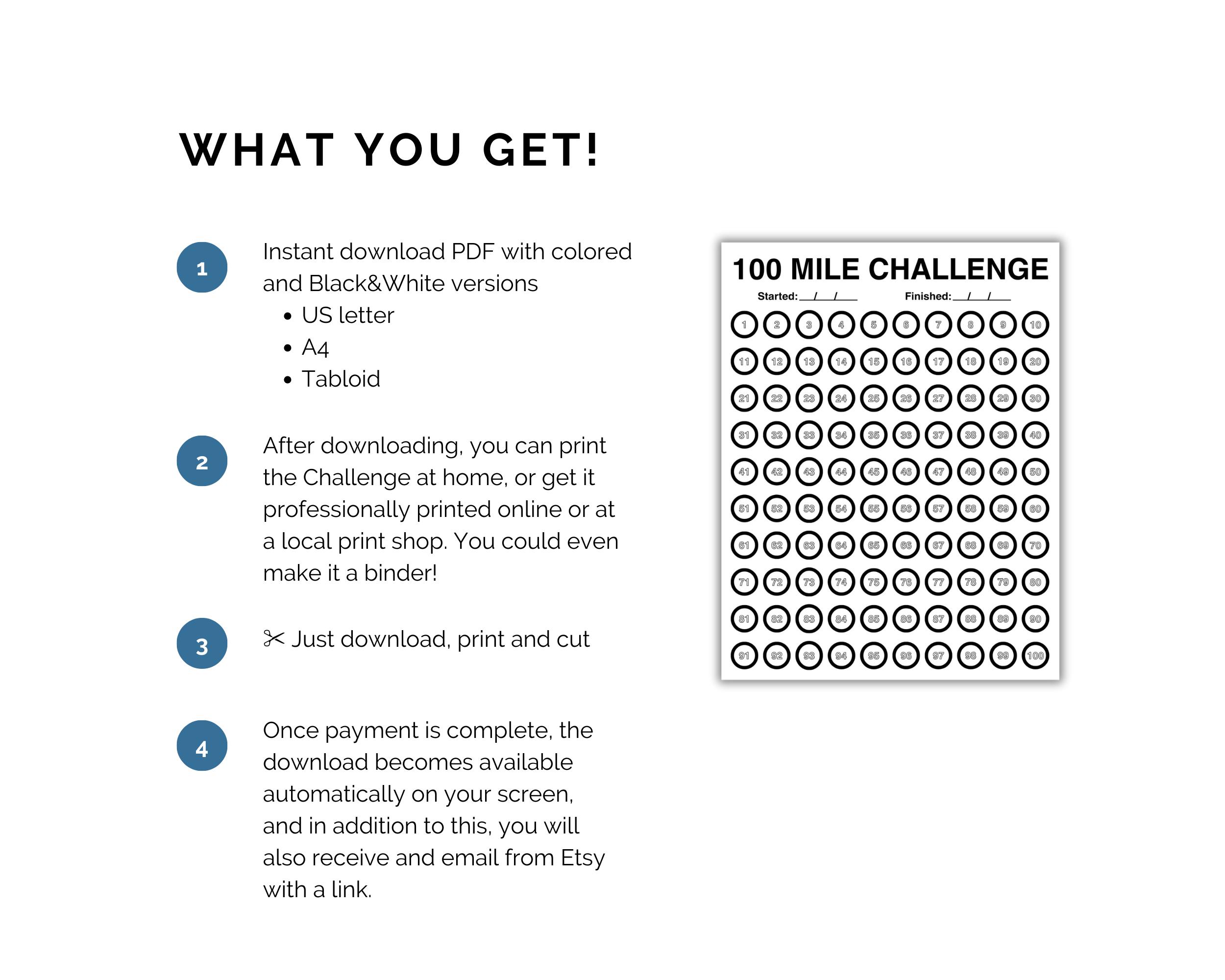 100 Mile Challenge Tracker Printable | A4, Tabloid, US Letter | Red + B ...
