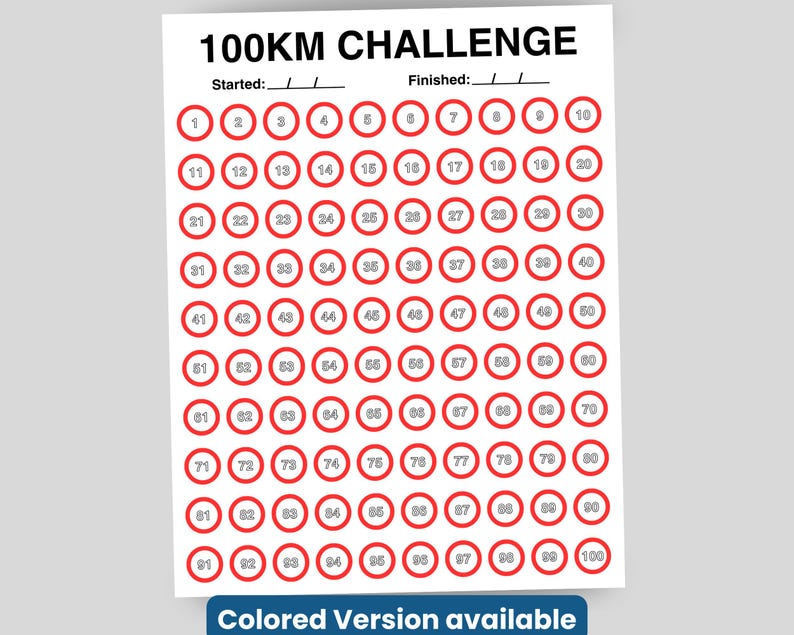 100 KM Challenge Tracker Printable | A4, Tabloid, US Letter | Red + B&W ...