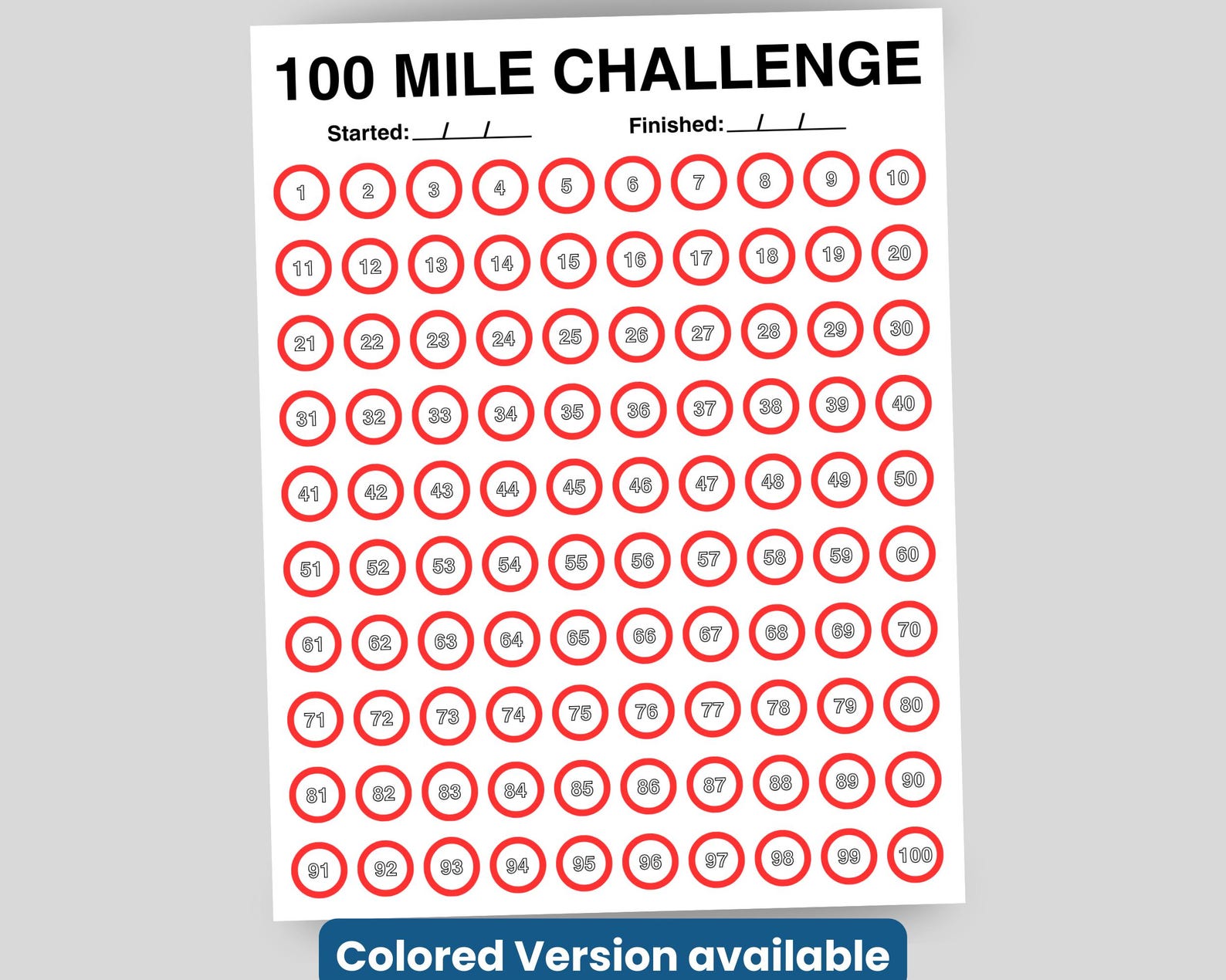 100 Mile Challenge Tracker Printable | A4, Tabloid, US Letter | Red + B ...