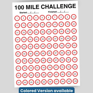 100 Mile Challenge Tracker Printable | A4, Tabloid, US Letter | Red + B ...