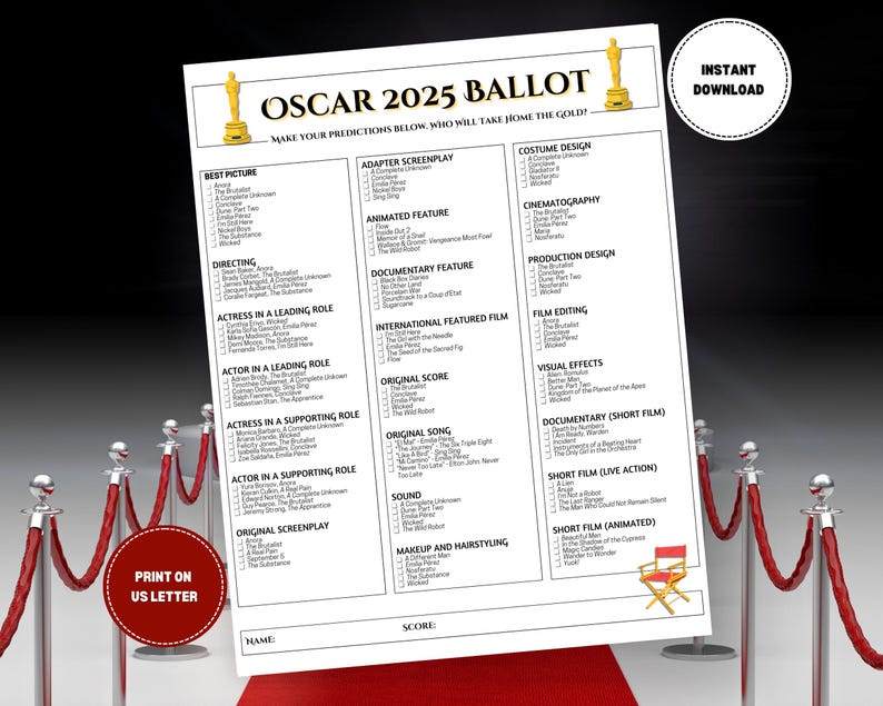 Oscar 2025 Ballot Printable | the Oscars Watch Party Activity - Etsy Canada