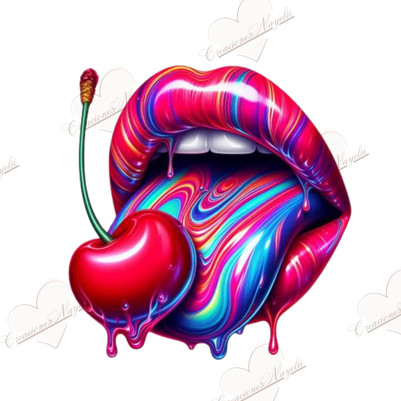 Lips & Cherry PNG, Dripping Neon Pop Art Digital Download, Neon Cherry ...