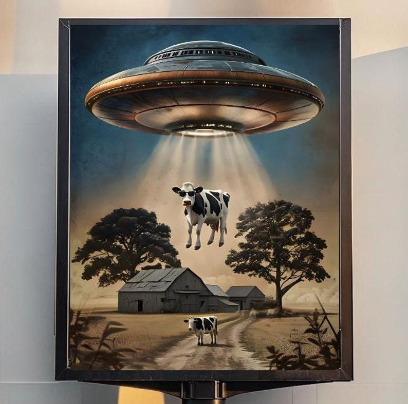 UFO Cow Abduction Art Print: Funny Alien Farmhouse Decor - Etsy