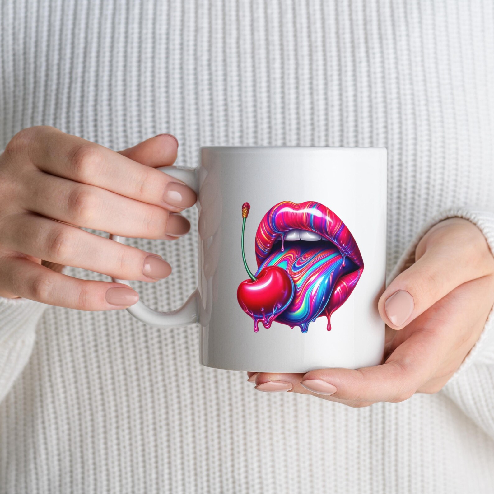 Lips & Cherry PNG, Dripping Neon Pop Art Digital Download, Neon Cherry ...
