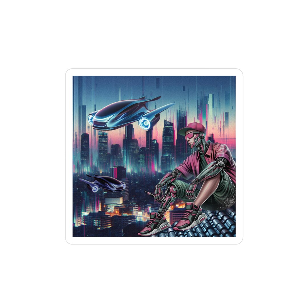 Vinyl Decal - Cyberpunk Cityscape Sunset With Cyborg-like Character - Etsy