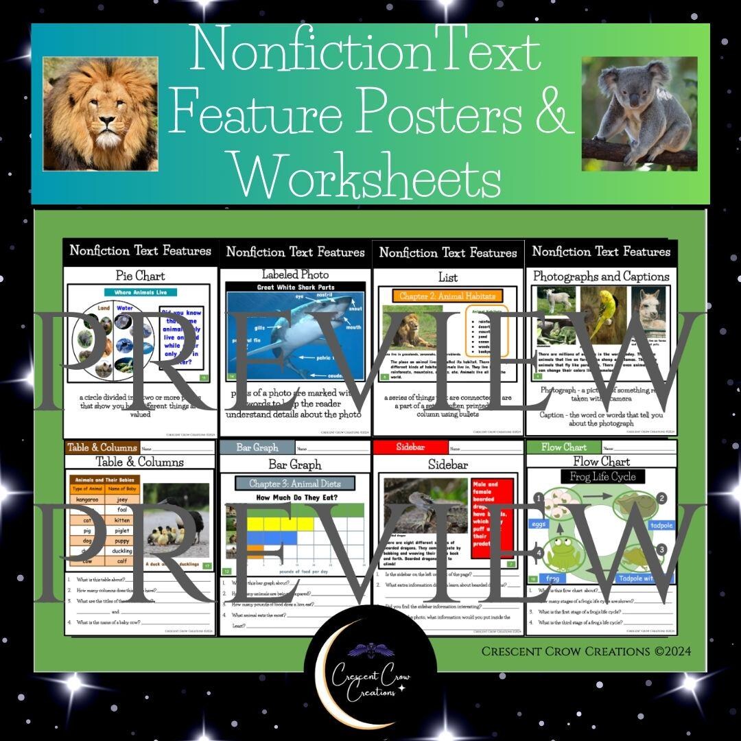 Nonfiction Text Features Unit Posters & Worksheets Library/classroom ...