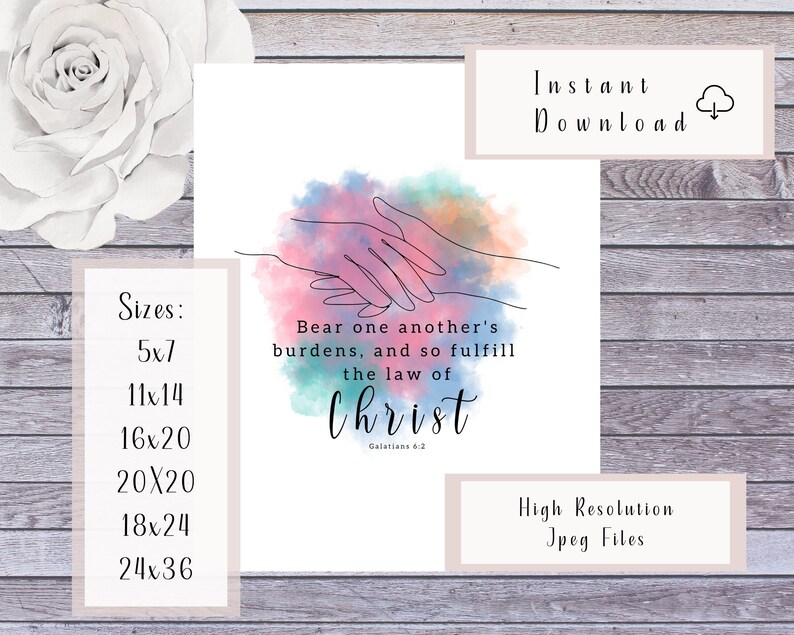 Bear One Another's Burdens Christian Watercolor Wall Art | Instant ...