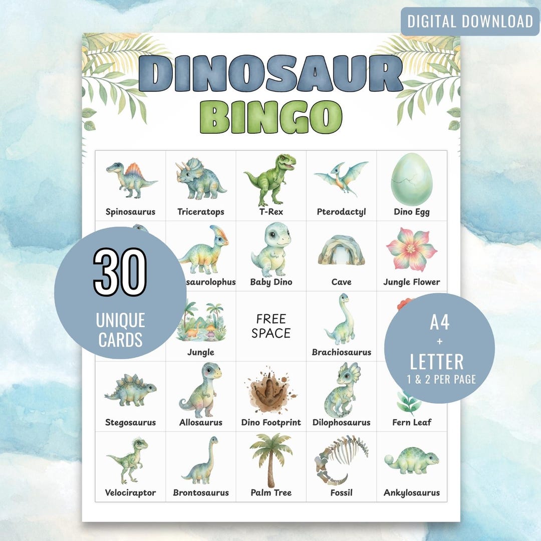 Dinosaur Bingo Printable Game, 30 Unique Cards, Kids Party & Classroom ...