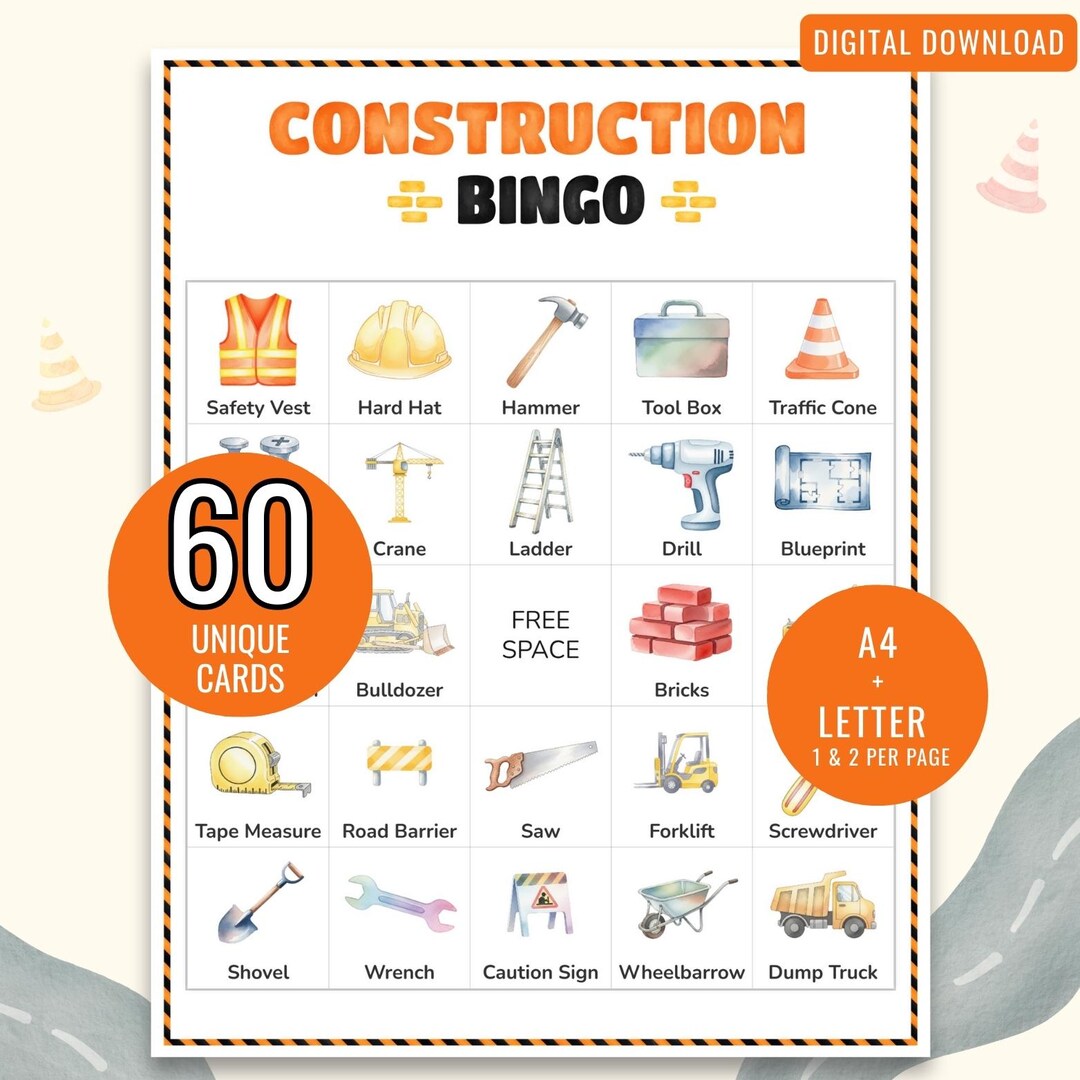 Construction Bingo Printable, 60 Unique Cards, Large Group Classroom ...