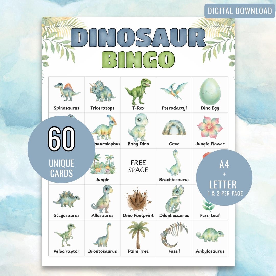 Dinosaur Bingo Printable Game, 60 Unique Cards, Large Group Classroom ...