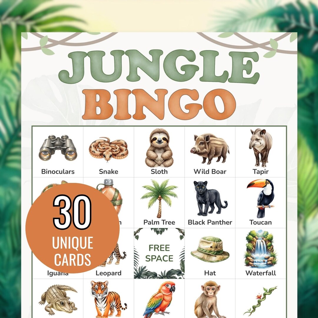 30 Unique Jungle Bingo Cards for Kids, Rainforest Birthday Party Game ...