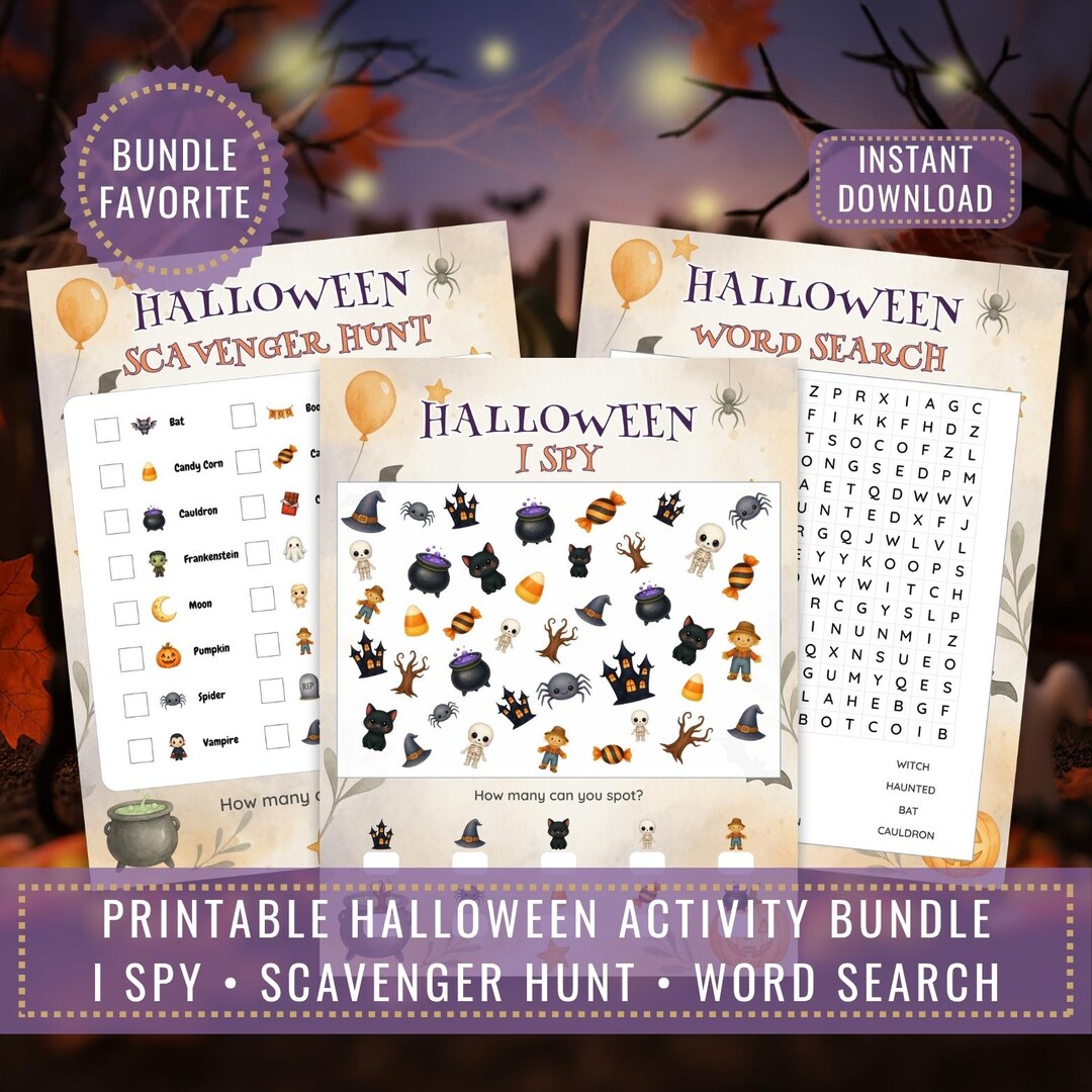 Printable Halloween Activity Bundle: I Spy, Scavenger Hunt, Word Search ...