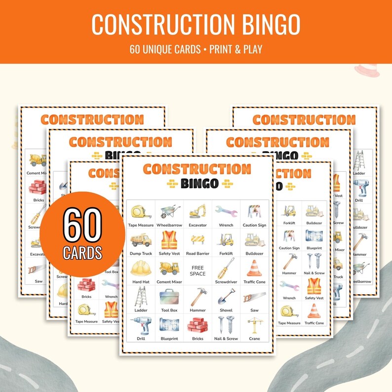 Construction Bingo Printable, 60 Unique Cards, Large Group Classroom ...