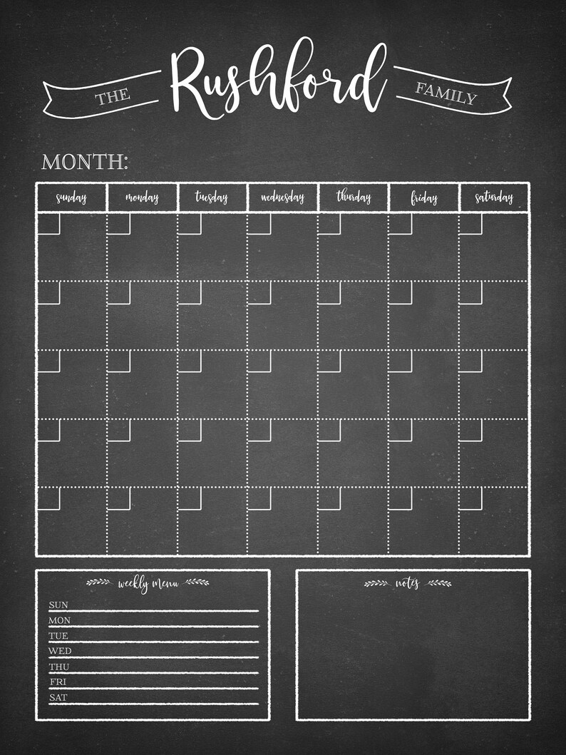 Chalkboard Calendar Printable-Chalkboard Dry Erase-Cutomizable | Etsy