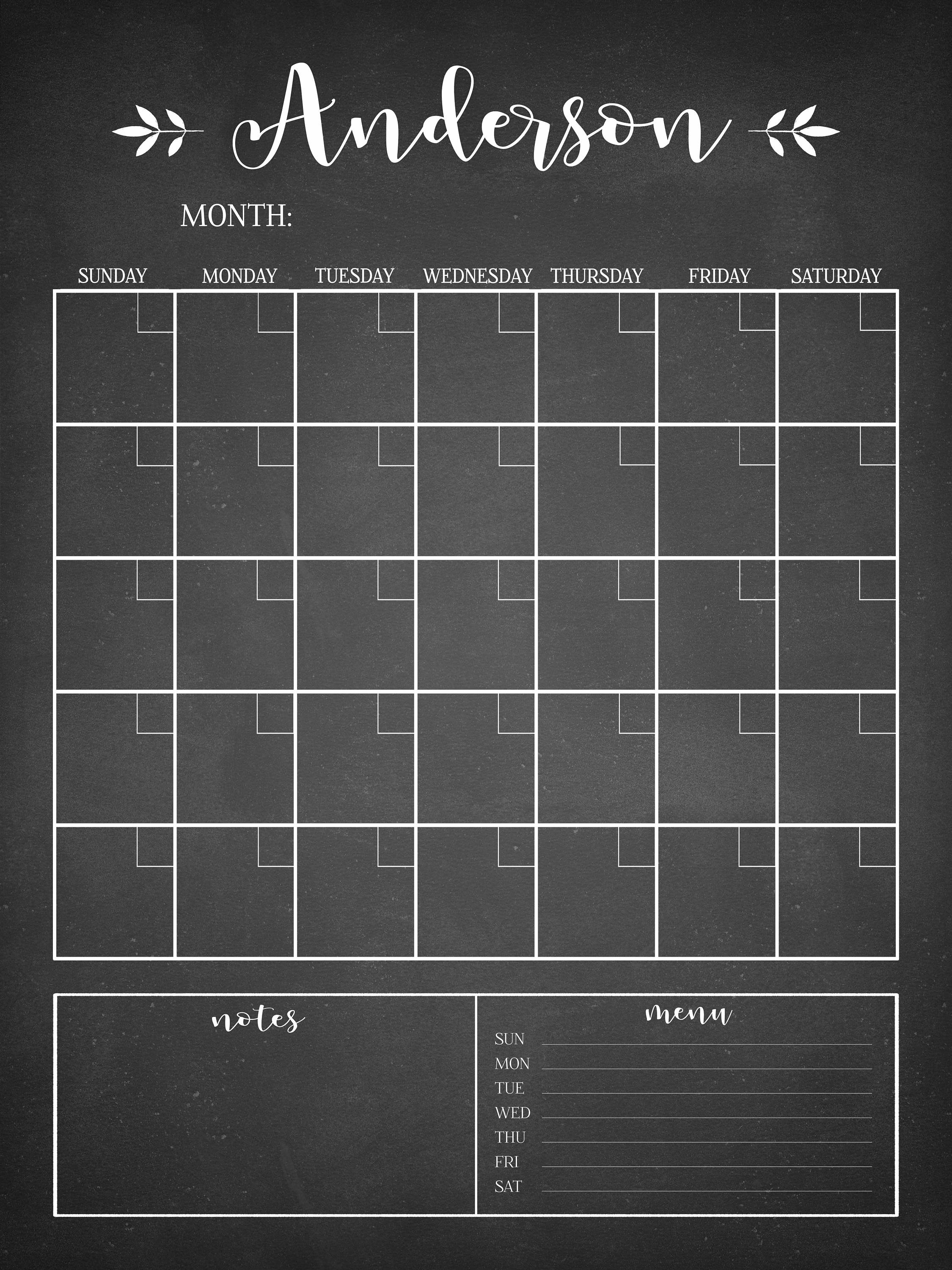 Chalkboard Calendar Printable-chalkboard Dry Erase-cutomizable Mulitple ...