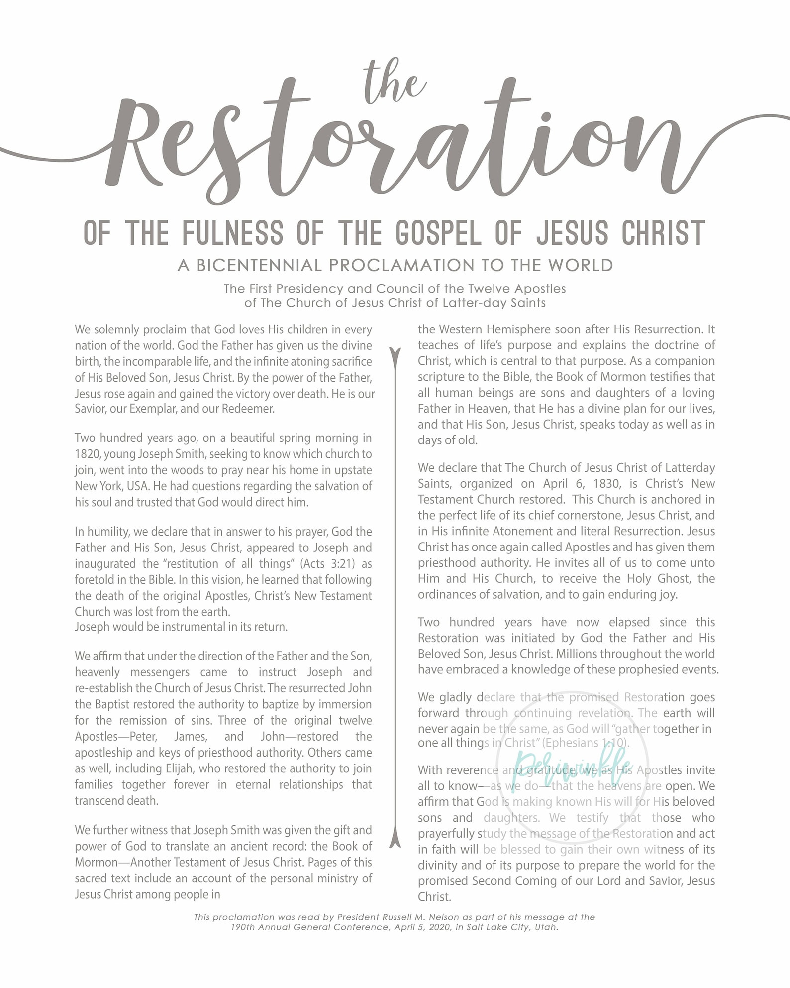 Restoration Bicentennial Proclamation-april 2020 General Conference ...